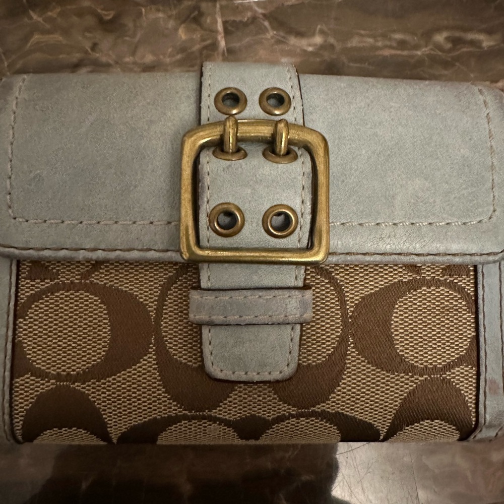 Coach Small Wallet. Light Blue Leather Trim - Gem